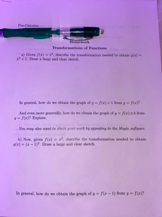 Solved Pre-Calculus Homework Transformations of Functions a) | Chegg.com