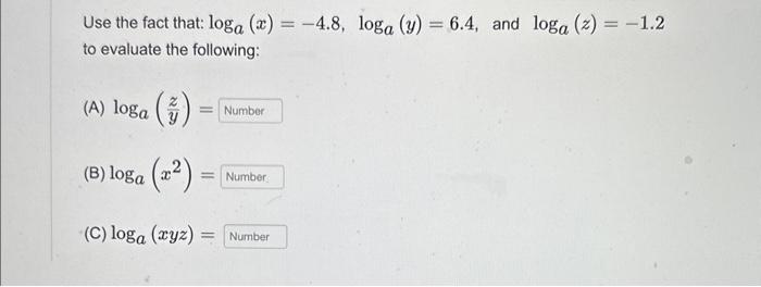 Solved Use the fact that: loga(x)=−4.8,loga(y)=6.4, and | Chegg.com