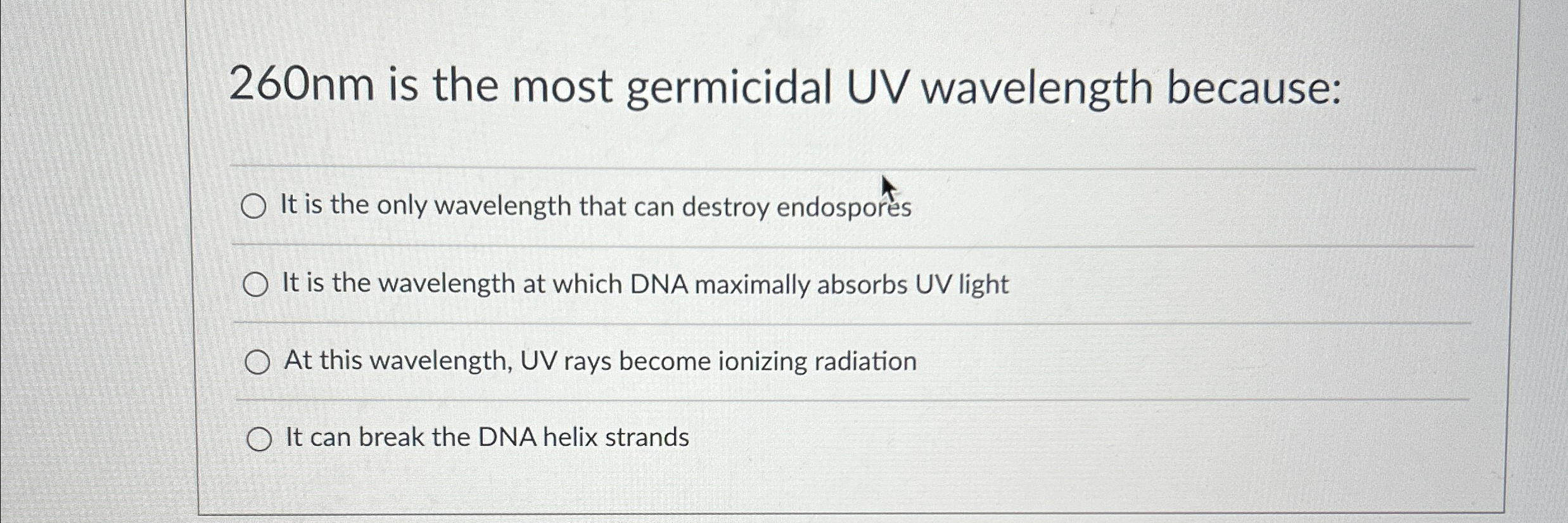 Solved 260nm ﻿is the most germicidal UV wavelength | Chegg.com
