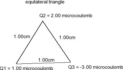 Solved Three charges Q1= 1.00 microcoulomb, Q2= 2.00 | Chegg.com