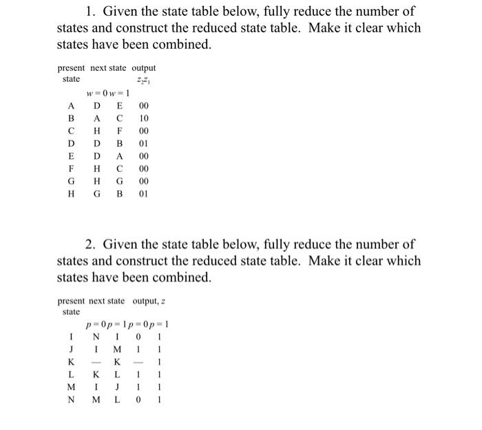 Solved 1. Given the state table below, fully reduce the | Chegg.com