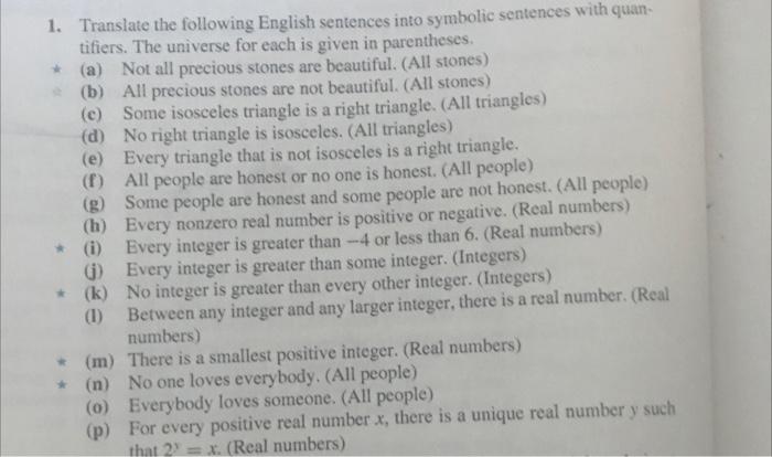 Solved 1. Translate the following English sentences into | Chegg.com