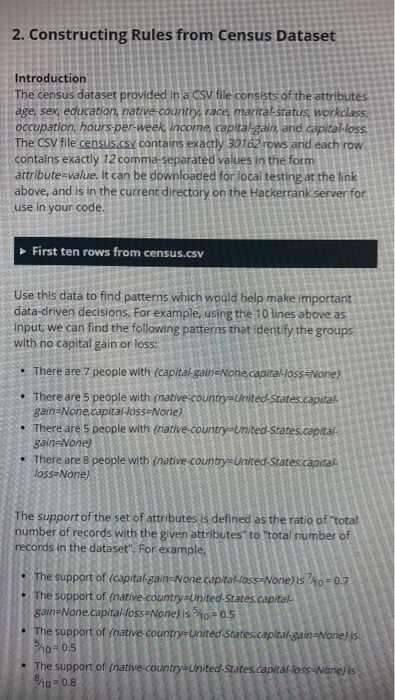 2. Constructing Rules from Census Dataset | Chegg.com