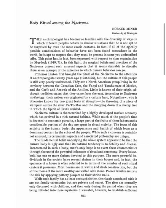 Body Ritual among the Nacirema HORACE MINER | Chegg.com
