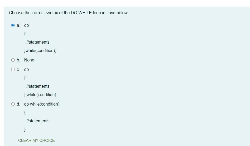 Solved Choose the correct syntax of the DO WHILE loop in | Chegg.com Solved Choose the correct syntax of the DO WHILE loop in | Chegg.com