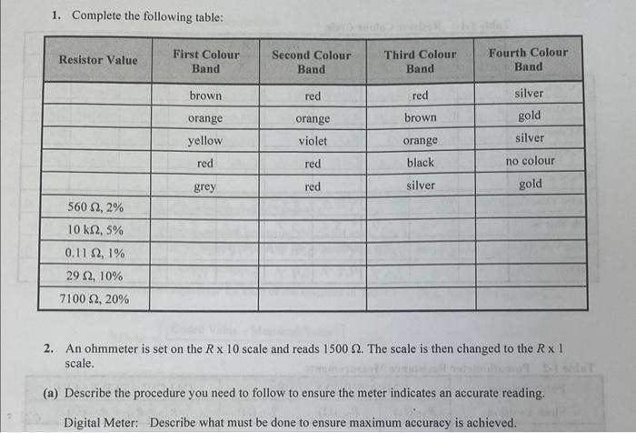 Solved 1. Complete the following table: 2. An ohmmeter is | Chegg.com