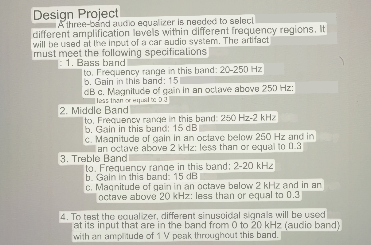 Solved Design ProjectA three-band audio equalizer is needed | Chegg.com