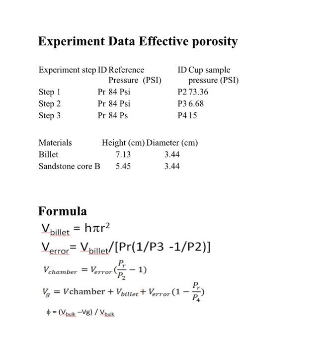 Solved Experiment Data Effective porosity Experiment step ID | Chegg.com