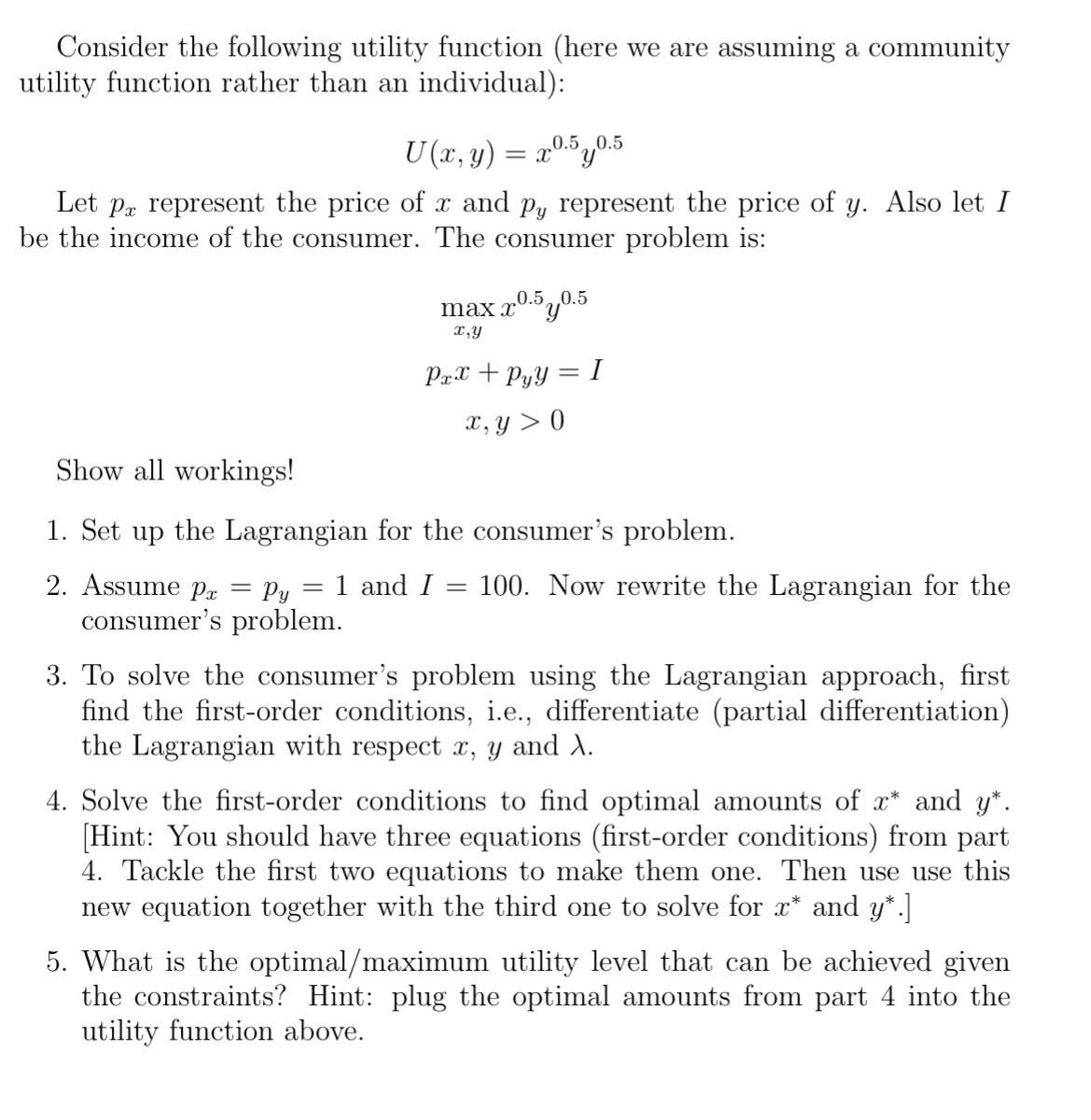 Solved Consider the following utility function (here we are | Chegg.com