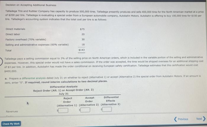 Solved Decision on Accepting Additional Business Talladega | Chegg.com