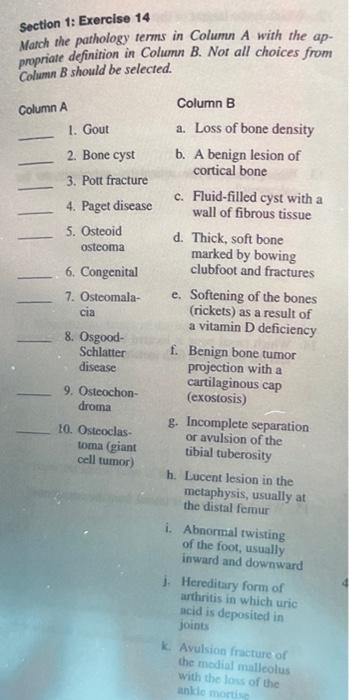 Solved Section 1: Exercise 14 Match the pathology terms in | Chegg.com
