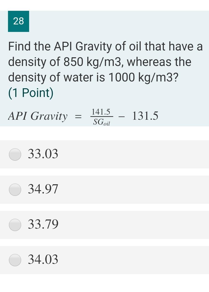 Solved 28 Find the API Gravity of oil that have a density of | Chegg.com