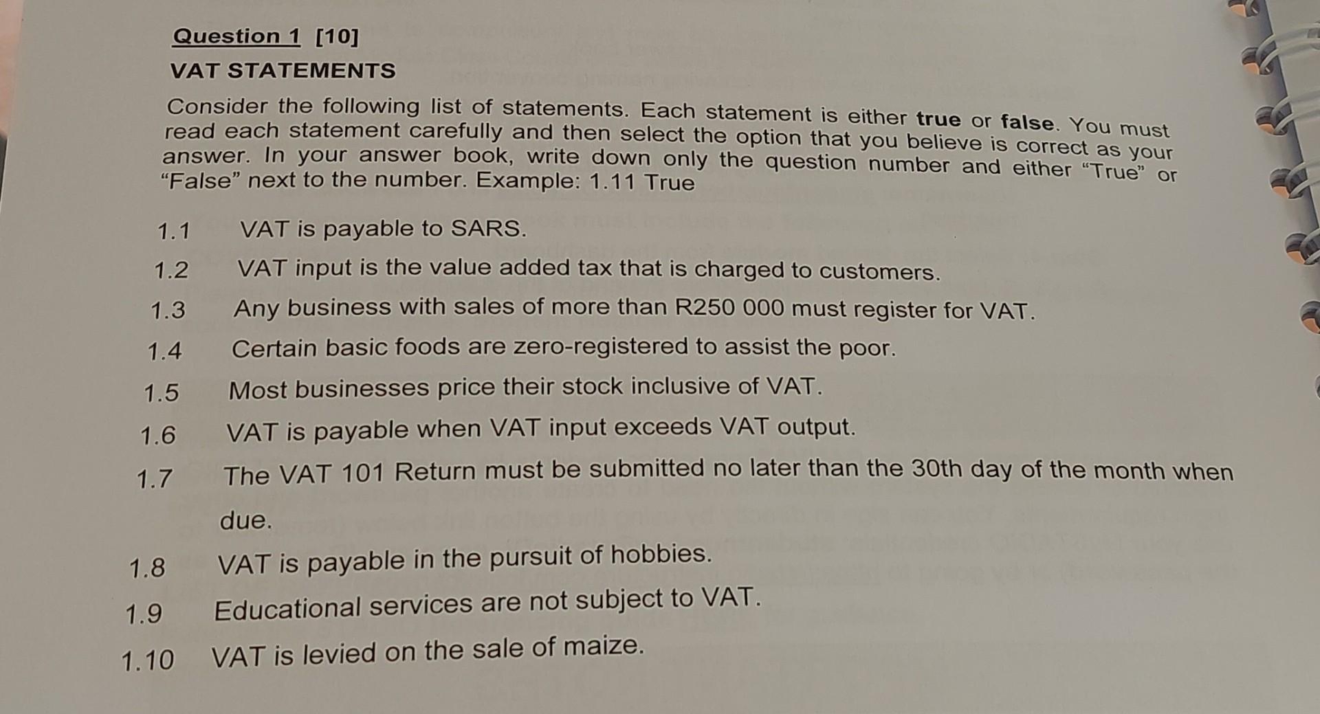 Solved VAT STATEMENTS Consider the following list of | Chegg.com