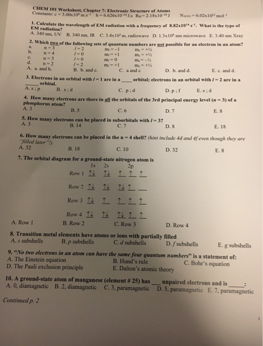 Solved CHEM IOI Worksheet, Chapter 7: Electronic Structure | Chegg.com