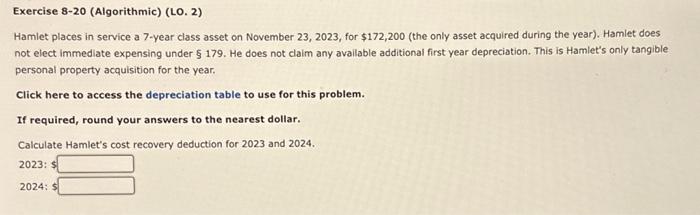 Solved Exercise 8-20 (Algorithmic) (LO. 2) Hamlet places in | Chegg.com