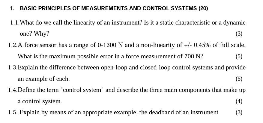 Solved 1. BASIC PRINCIPLES OF MEASUREMENTS AND CONTROL | Chegg.com