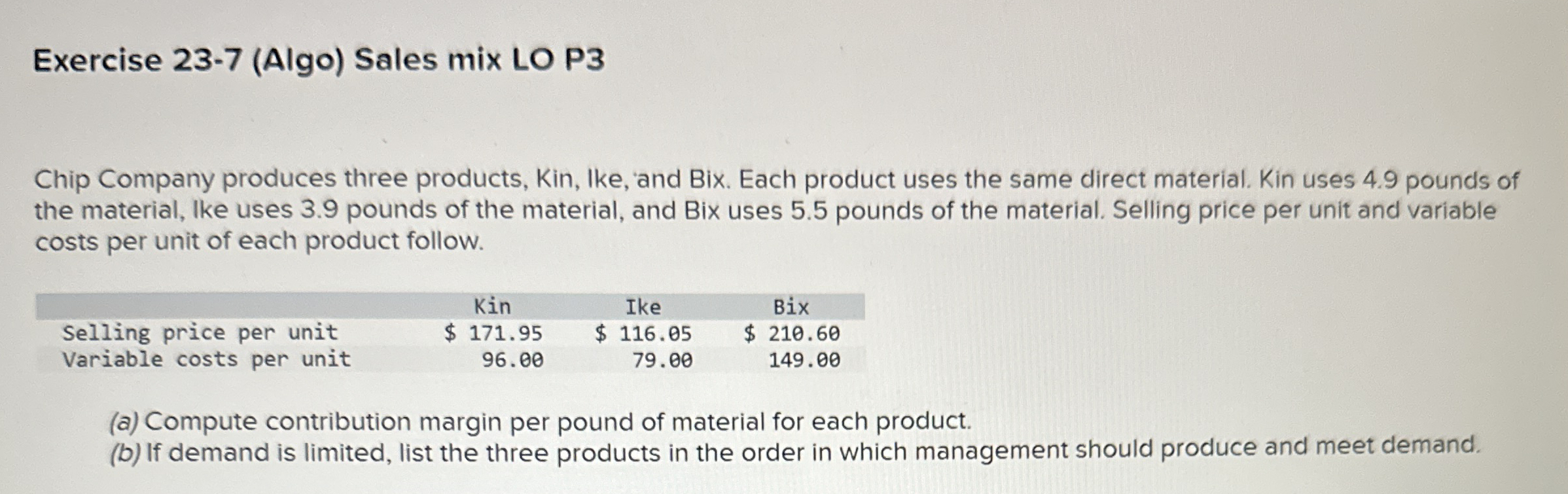 Solved Exercise 23-7 (Algo) ﻿Sales mix LO P3Chip Company | Chegg.com