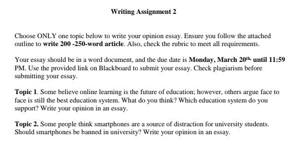 Choose ONLY one topic below to write your opinion | Chegg.com