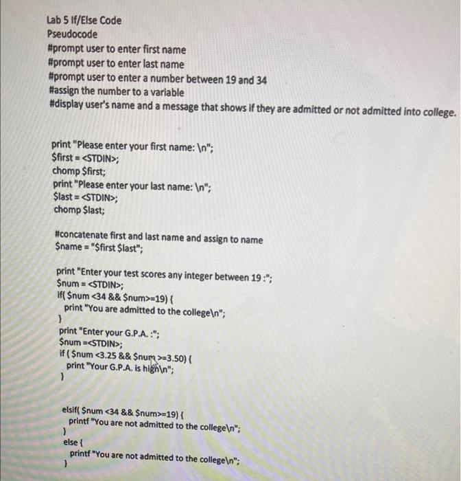 Solved Lab 5 If/Else Code Pseudocode Hprompt user to enter | Chegg.com