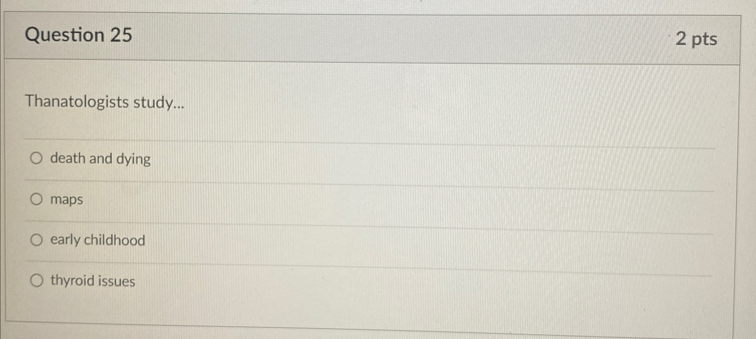 Solved Question 252 ﻿ptsThanatologists study...death and | Chegg.com