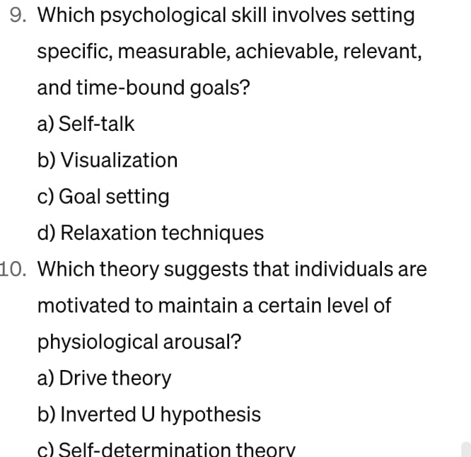 Solved Which psychological skill involves setting specific, | Chegg.com