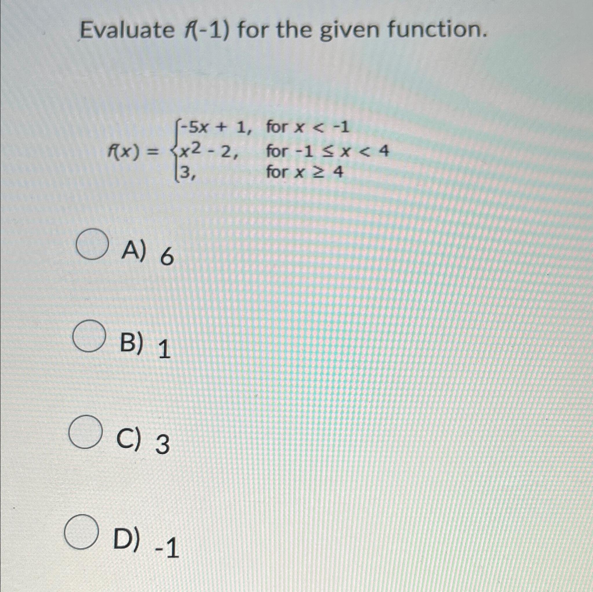 Solved Evaluate f(-1) ﻿for the given | Chegg.com
