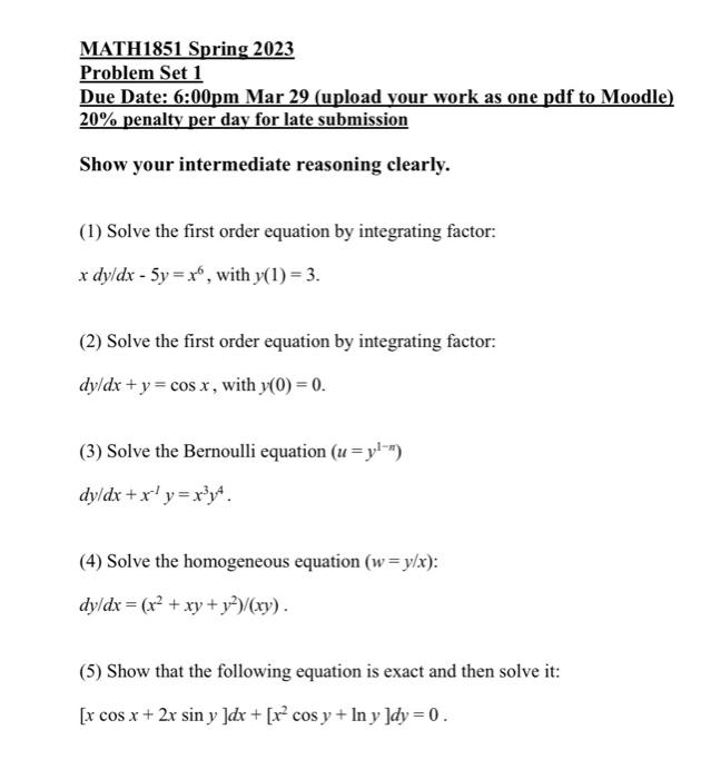 Solved MATH1851 Spring 2023 Problem Set 1 Due Date: 6:00pm | Chegg.com