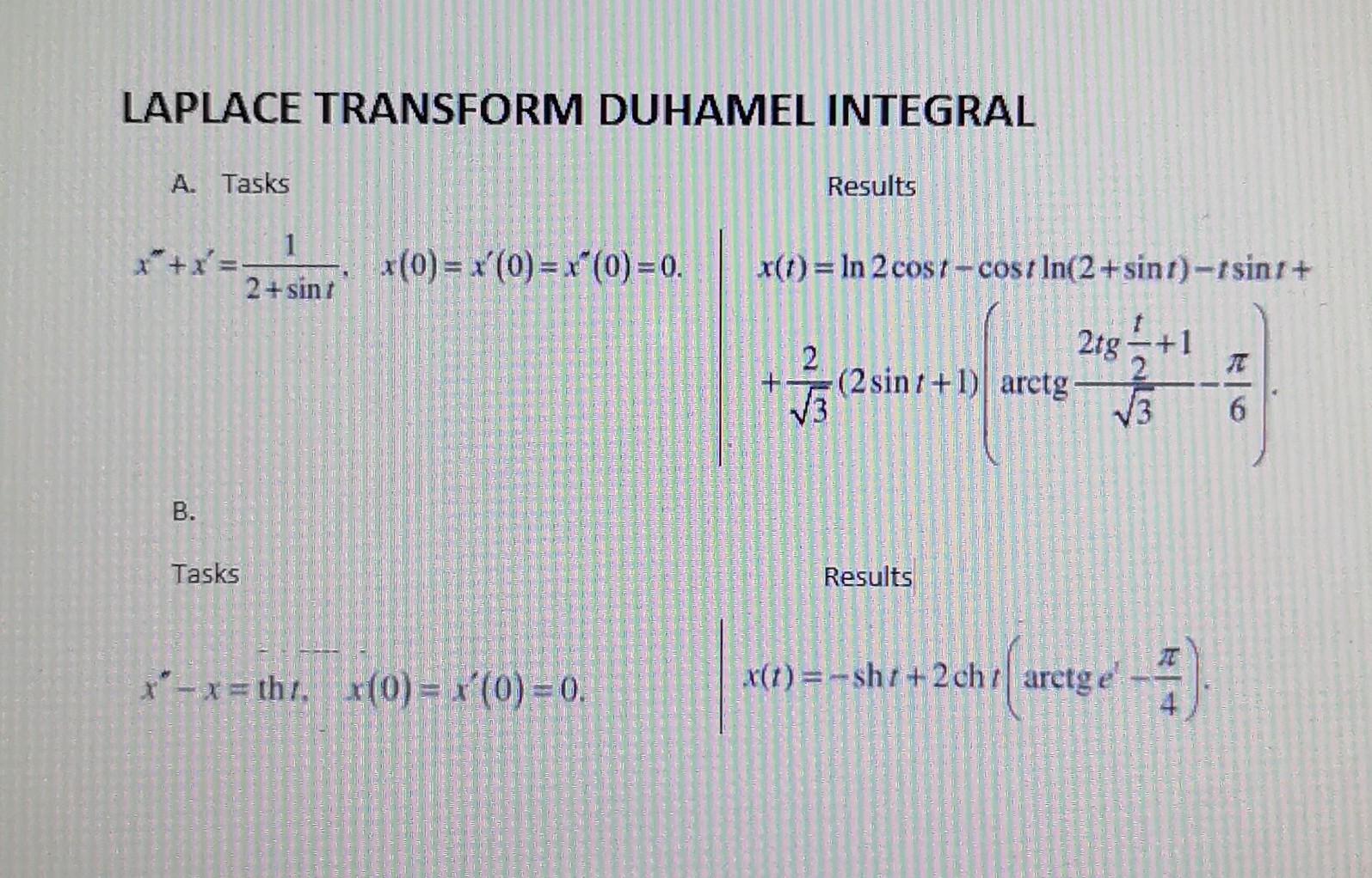 Solved LAPLACE TRANSFORM DUHAMEL INTEGRAL A. Tasks Results | Chegg.com