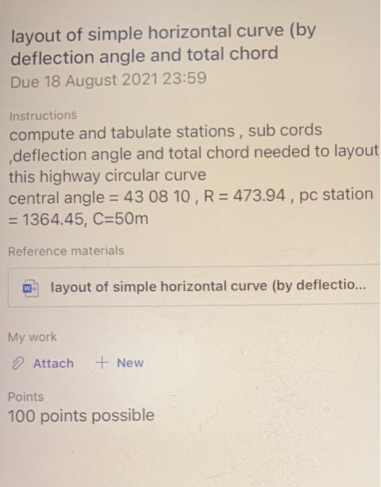Solved layout of simple horizontal curve (by deflection | Chegg.com