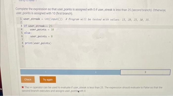 Solved Complete the expression so that user_points is | Chegg.com