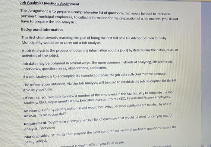 Job Analysis Questions Assignment This Assignment is | Chegg.com