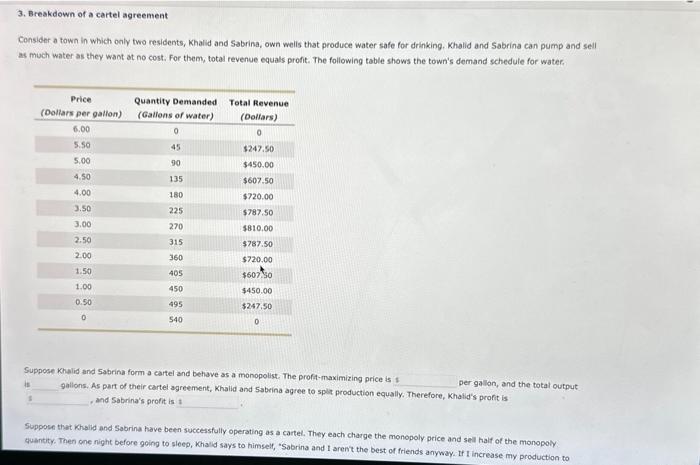 Solved 3. Breakdown of a cartel agreement Consider a town in | Chegg.com