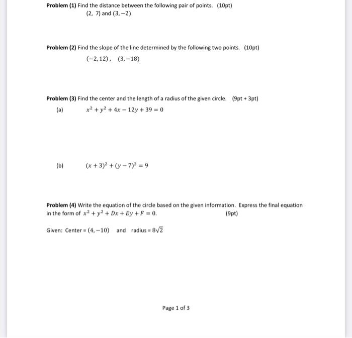 Solved Problem (1) Find the distance between the following | Chegg.com