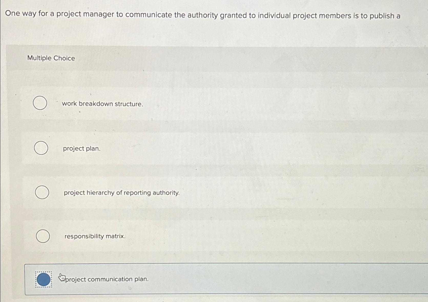 Solved One way for a project manager to communicate the | Chegg.com