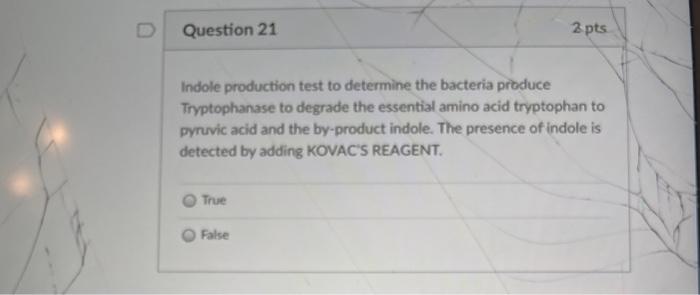 Solved Question 21 2 pts Indole production test to determine | Chegg.com