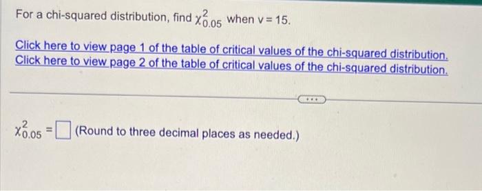 Solved For a chi-squared distribution, find χ0.052 when | Chegg.com