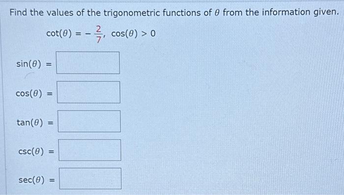 Solved Find the values of the trigonometric functions of θ | Chegg.com