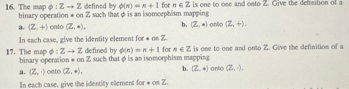 Solved ->> 16. The map : Z→ Z defined by o(n) = n + 1 for ne | Chegg.com