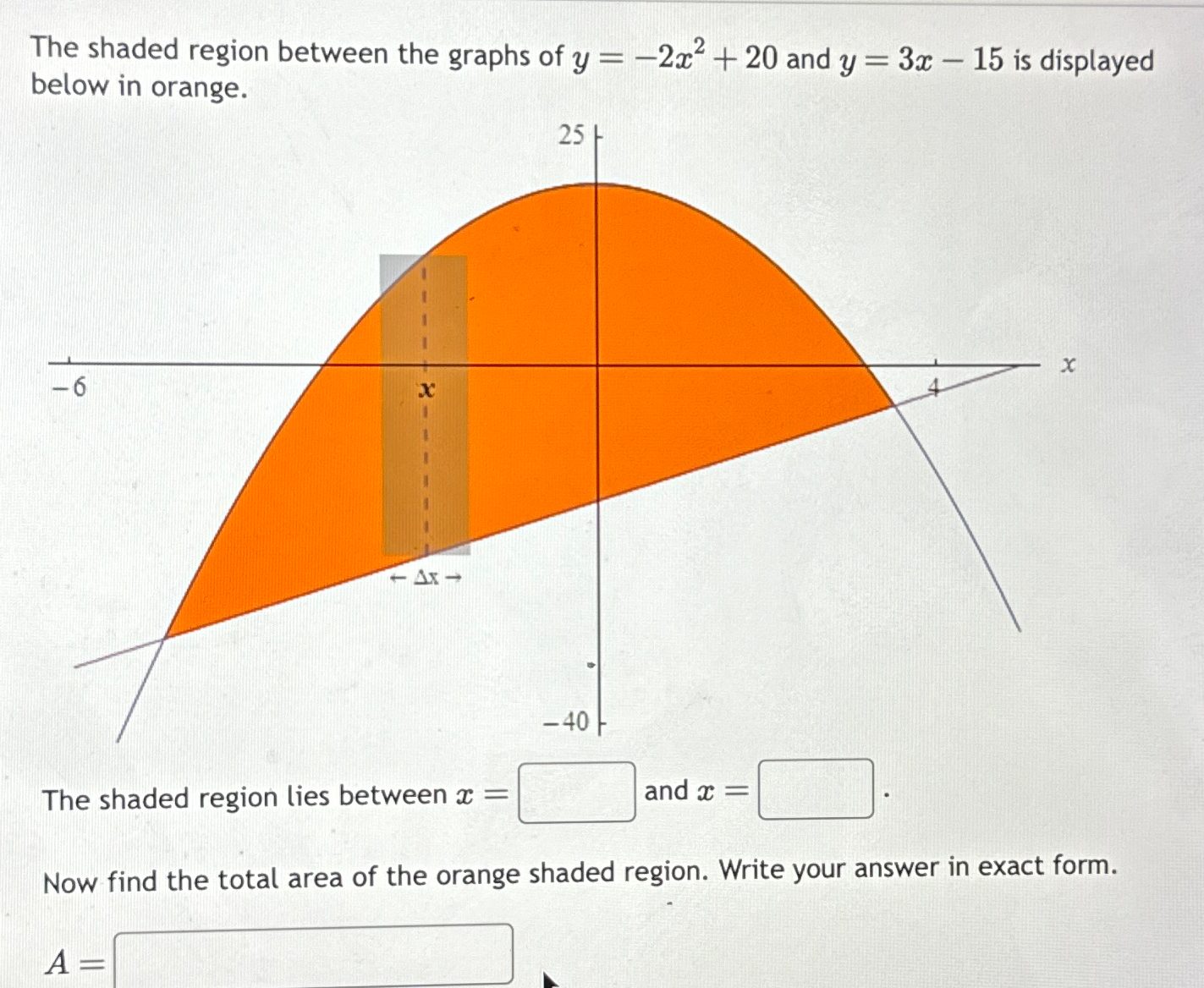 Solved The shaded region between the graphs of y=-2x2+20 | Chegg.com