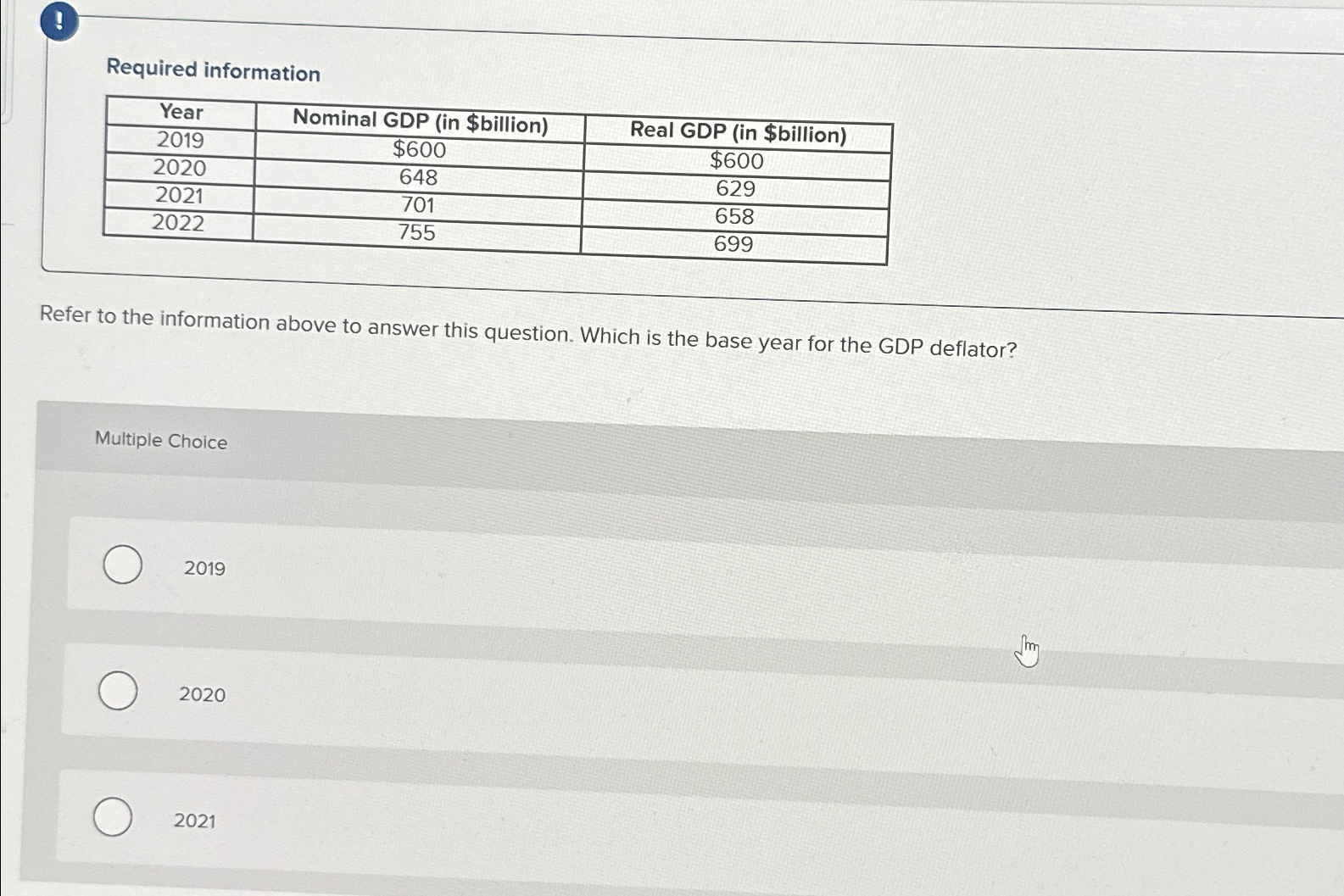 Solved !Required information\table[[Year,Nominal GDP (in | Chegg.com