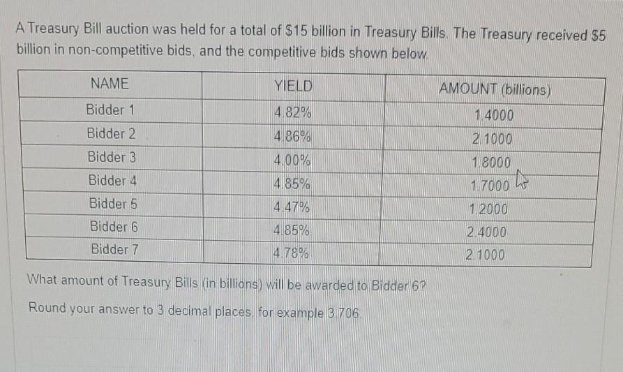 Solved A Treasury Bill auction was held for a total of $15 | Chegg.com
