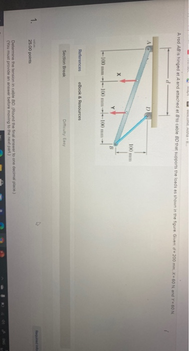 Solved A rod AB is hinged at A and attached at B to cable BD | Chegg.com