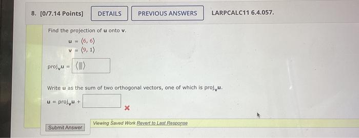 Solved Find the projection of u onto v. u=(6,6)v=(9,1) | Chegg.com