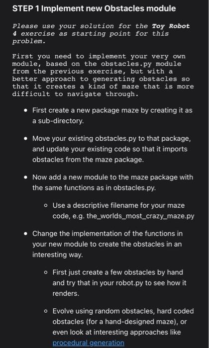 Solved STEP 1 Implement new Obstacles module Please use your | Chegg.com