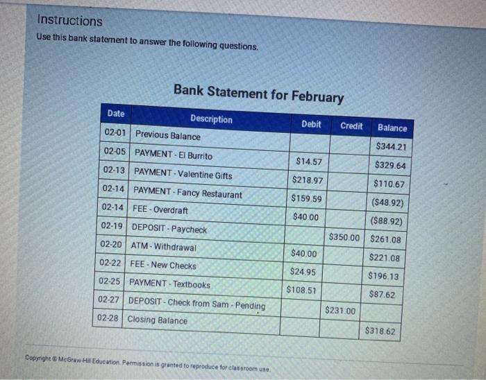 Solved Instructions Use this bank statement to answer the | Chegg.com