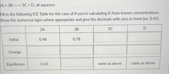 Solved 2A+3B …C+D, all aqueous Fill in the following ICE | Chegg.com