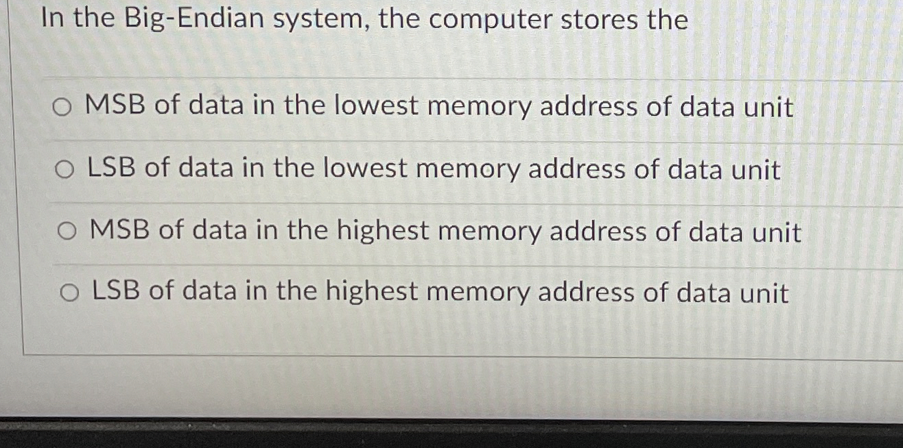 Solved In the Big-Endian system, the computer stores theMSB | Chegg.com