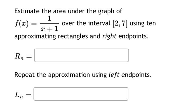 Solved Estimate the area under the graph of f(x)= 1/x+1 over | Chegg.com
