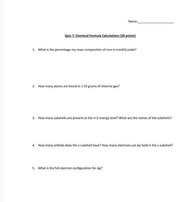 Solved Quiz 7: Chemical Formula Calculations (20 points) 1. | Chegg.com