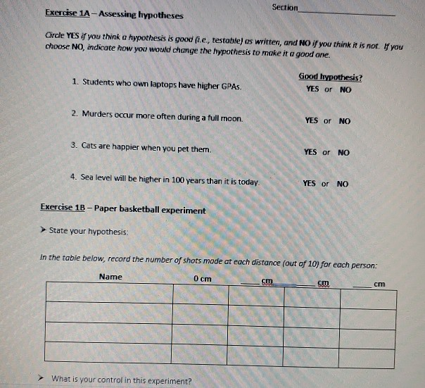 Section Exercise 1A - Assessing hypotheses Circle YES | Chegg.com